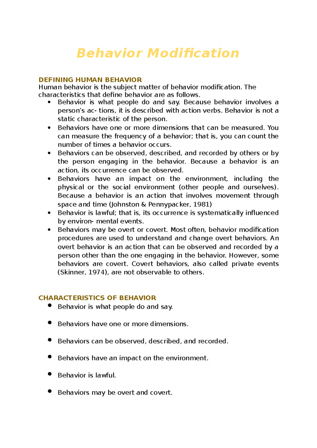 Behavior Modification - The characteristics that define behavior are as ...