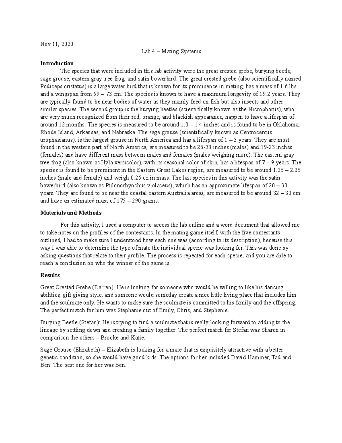 Lab 4 - Mating Systems - Nov 11, 2020 Lab 4 – Mating Systems ...
