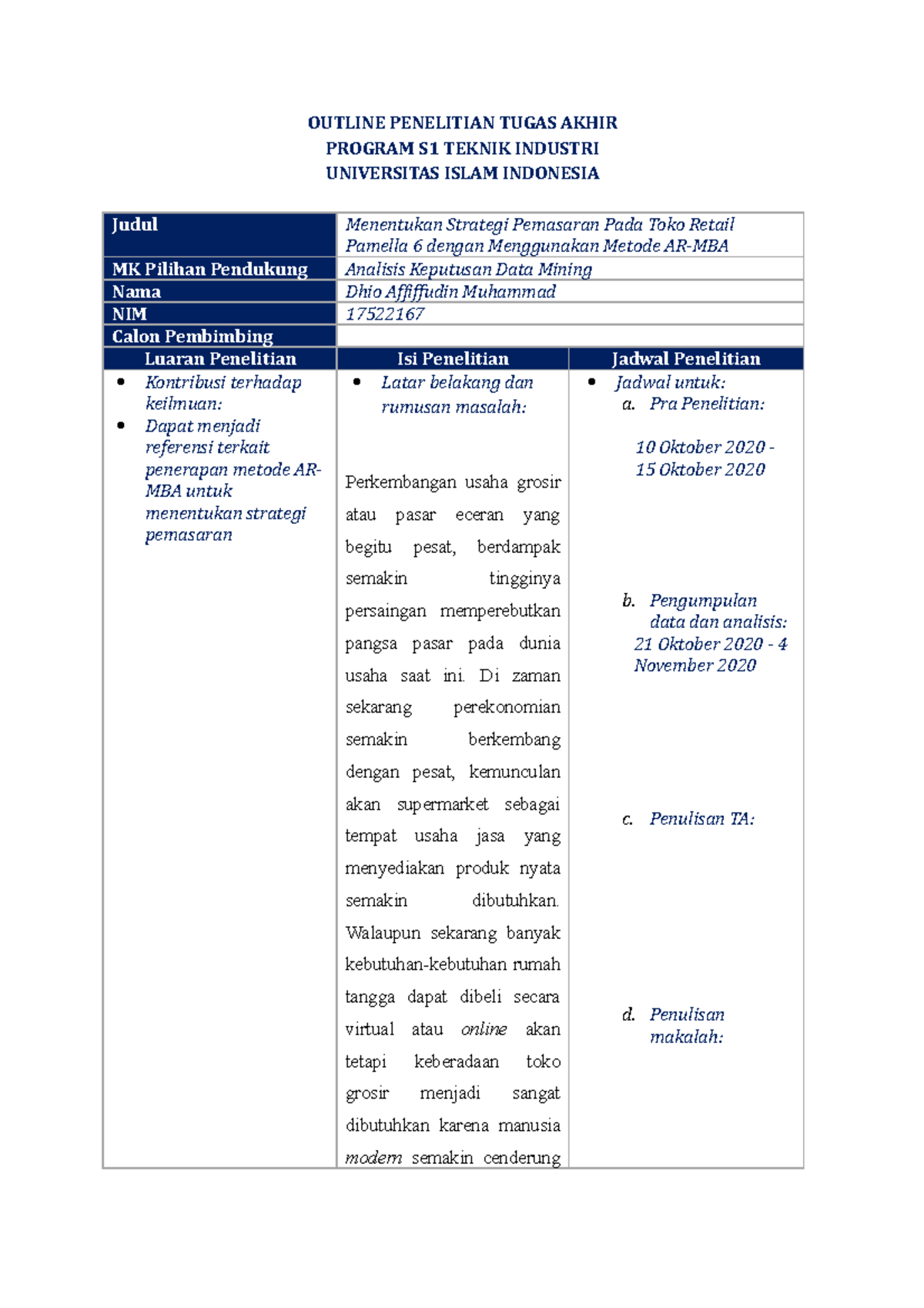 Outline Dhio Affiffudin Muhammad - OUTLINE PENELITIAN TUGAS AKHIR ...