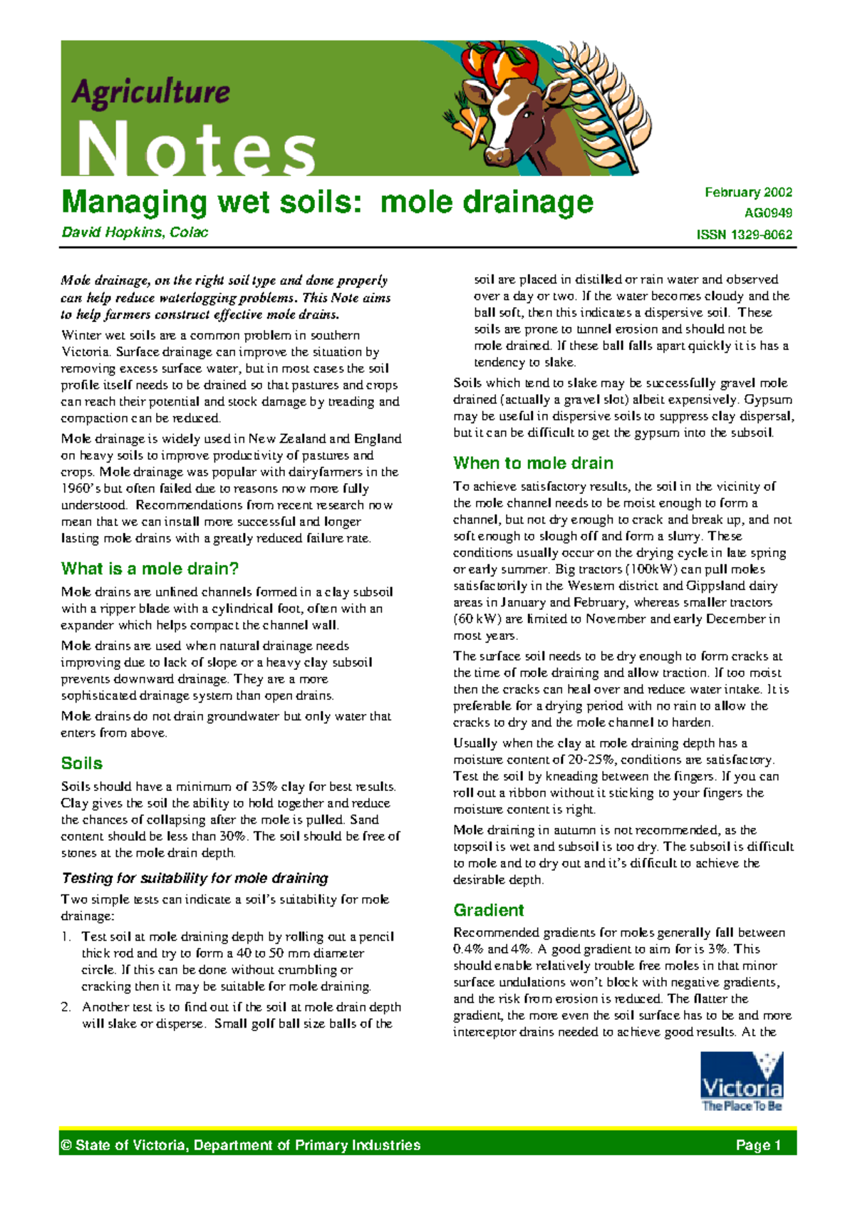 Drenaje topo - Managing wet soils: mole drainage David Hopkins, Colac ...