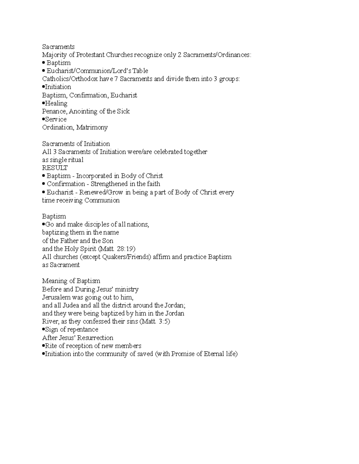 Sacraments - lecture notes - Sacraments Majority of Protestant Churches ...