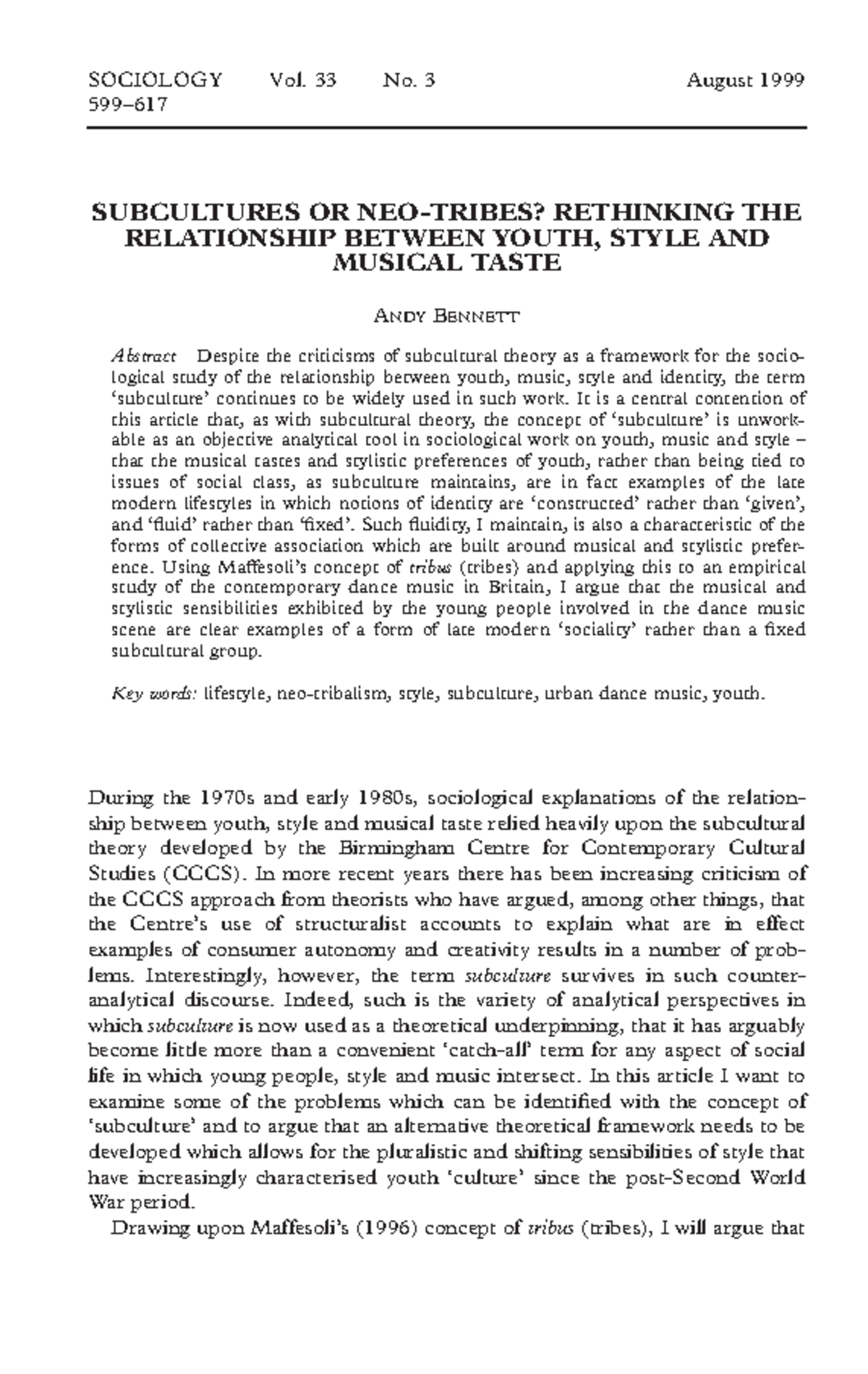 Bennett-subcultures - subcultures - SUBCULTURES OR NEO-TRIBES ...