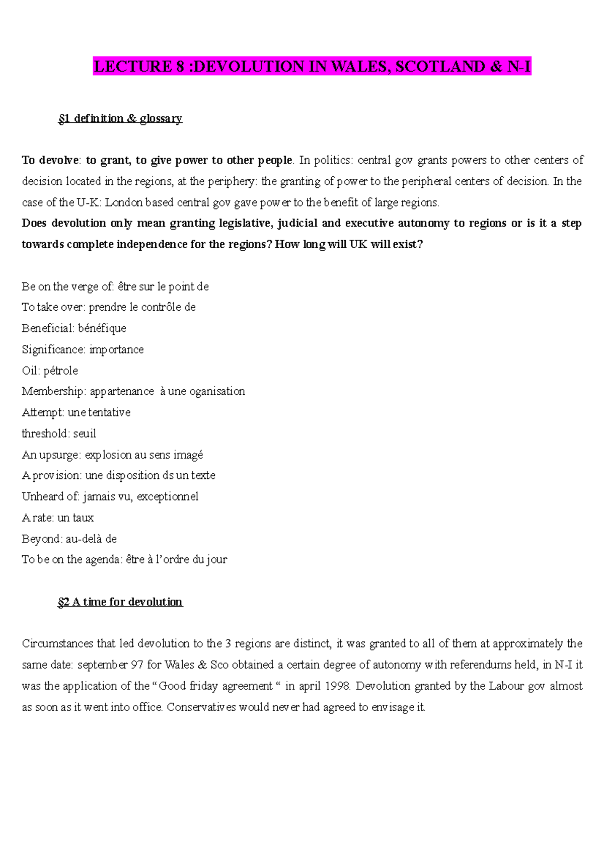 Lecture 8 semester 1 English - LECTURE 8 :DEVOLUTION IN WALES, SCOTLAND ...