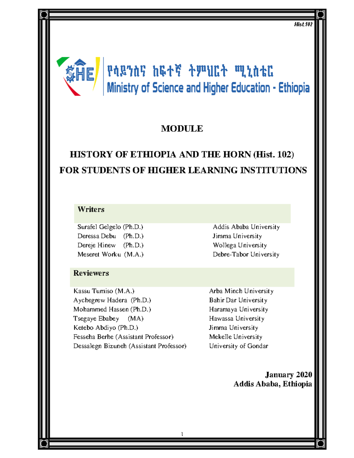 History Module (Revised) - MODULE HISTORY OF ETHIOPIA AND THE HORN (Hist. 102) FOR STUDENTS OF ...
