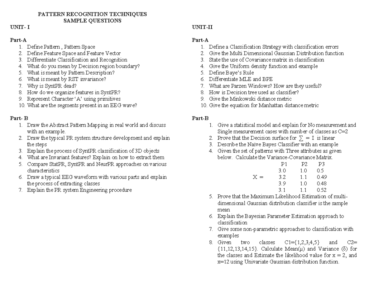 PRT - Question Bank - PATTERN RECOGNITION TECHNIQUES SAMPLE QUESTIONS ...