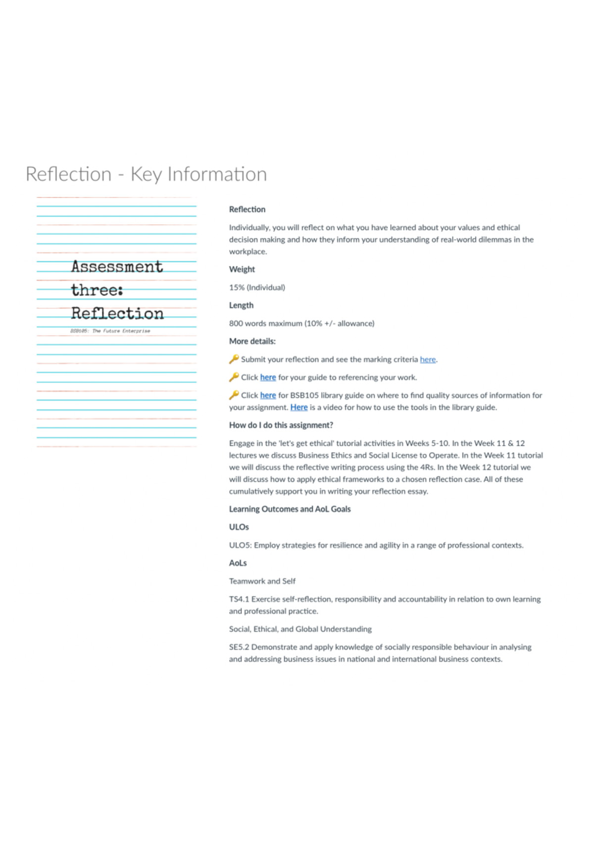 reflection task sheet - Reflection Key Information Reflection ...