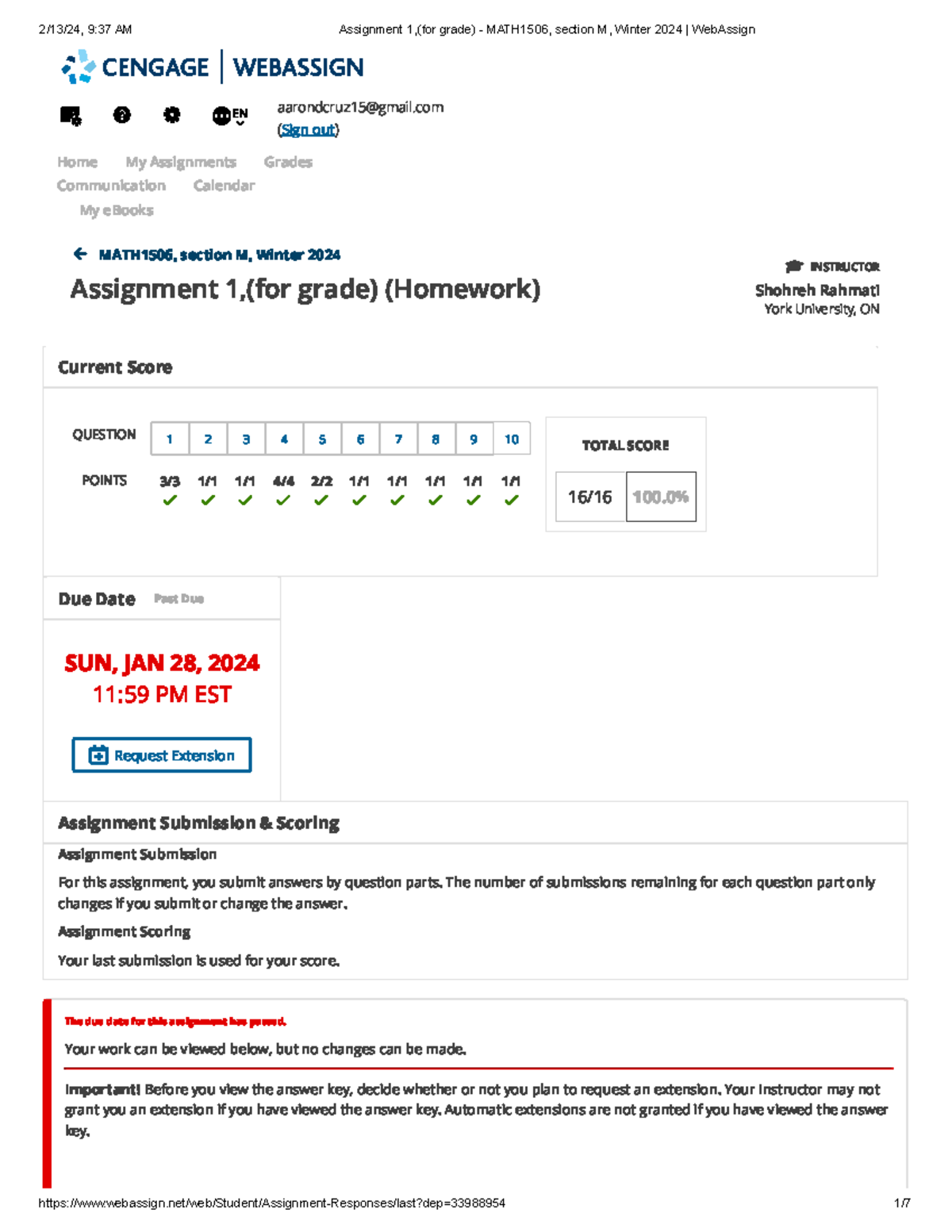 Assignment 1,(for grade) - MATH1506, section M, Winter 2024 Web Assign ...