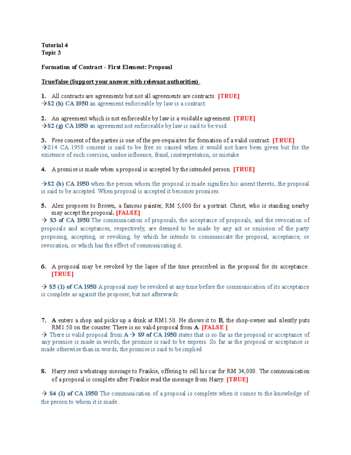 TUT 4 - Topic 3 (PART A) - auto AA - Tutorial 4 Topic 3 Formation of Contract - First Element ...