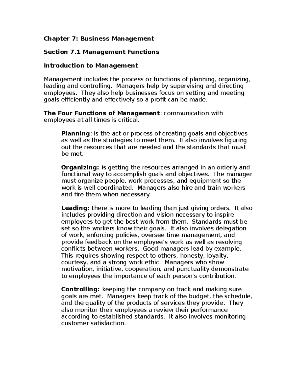 Study Guide 7 - yeah - Chapter 7: Business Management Section 7 ...