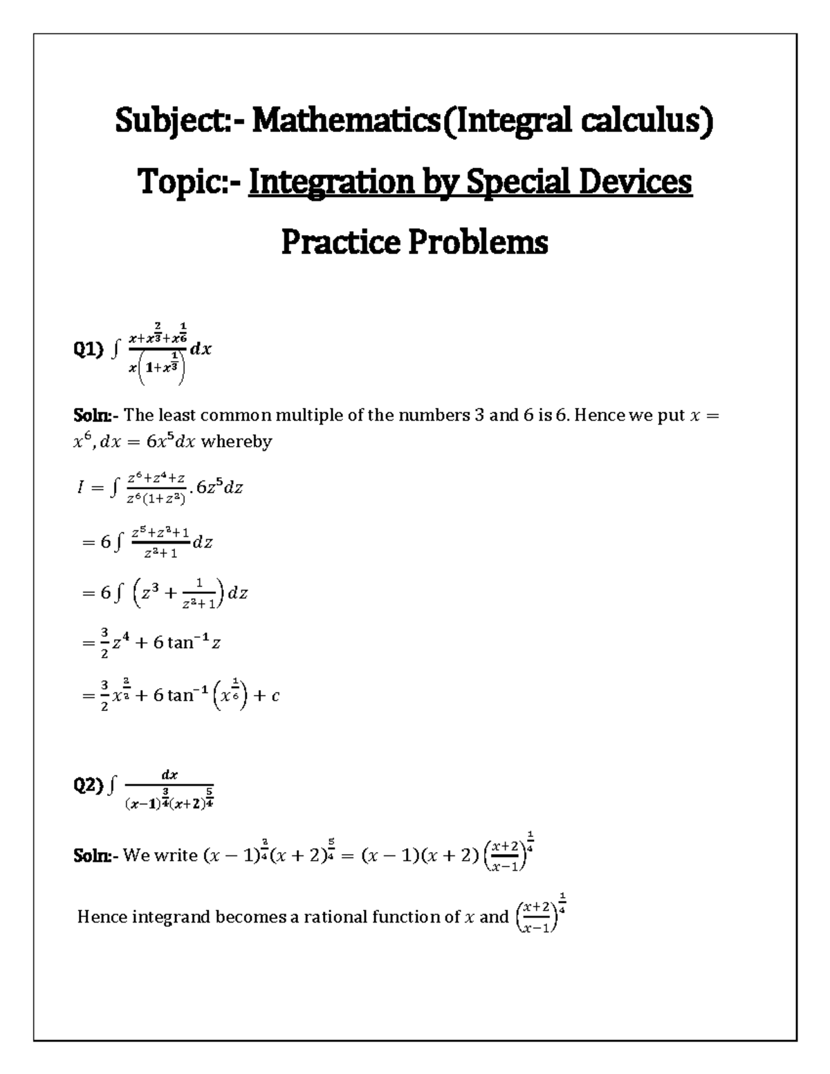 Integration by Special Devices - Subject:- Mathematics(Integral ...