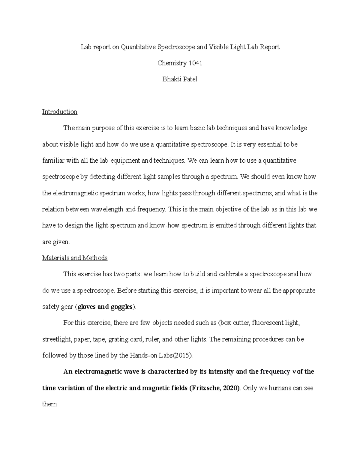 Lab report 10 Bhakti Patel - Lab report on Quantitative Spectroscope ...