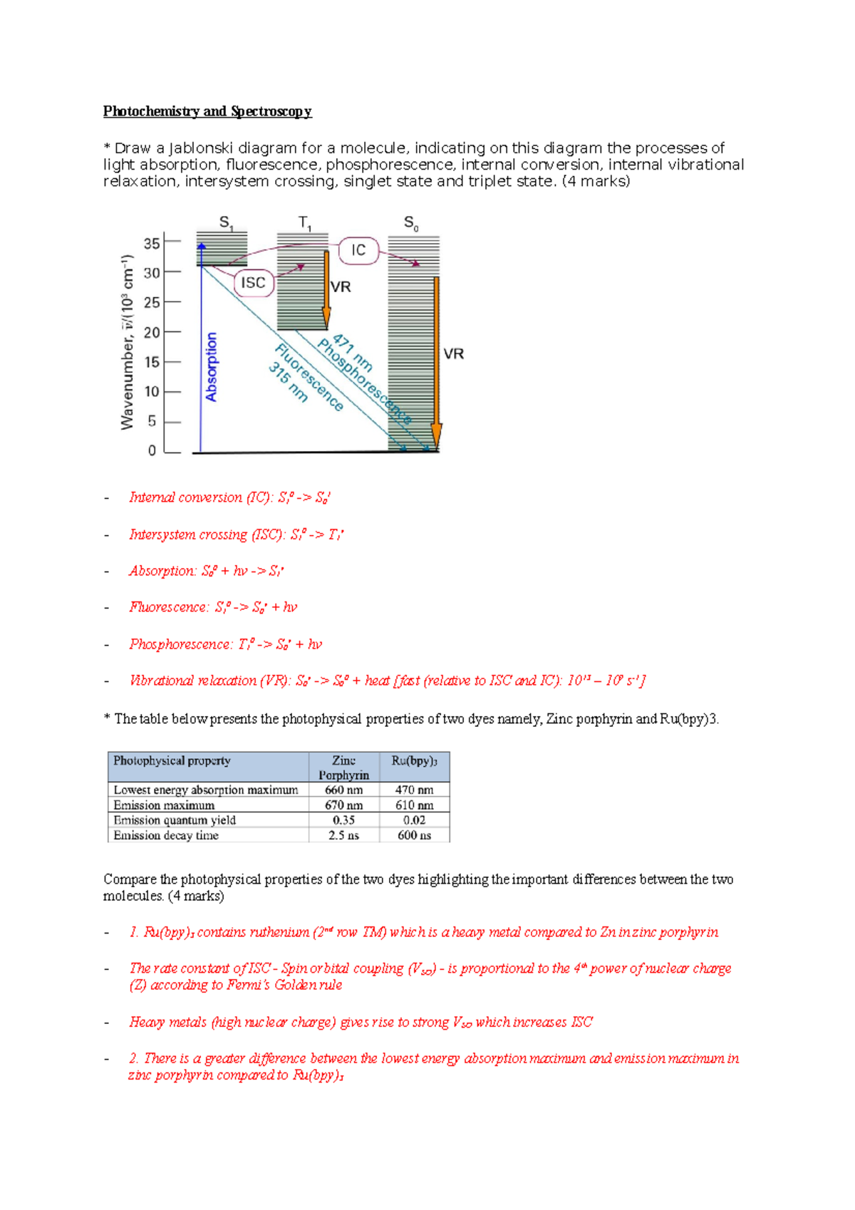 ESB Notes 2 - Photochemistry and Spectroscopy Draw a Jablonski diagram ...
