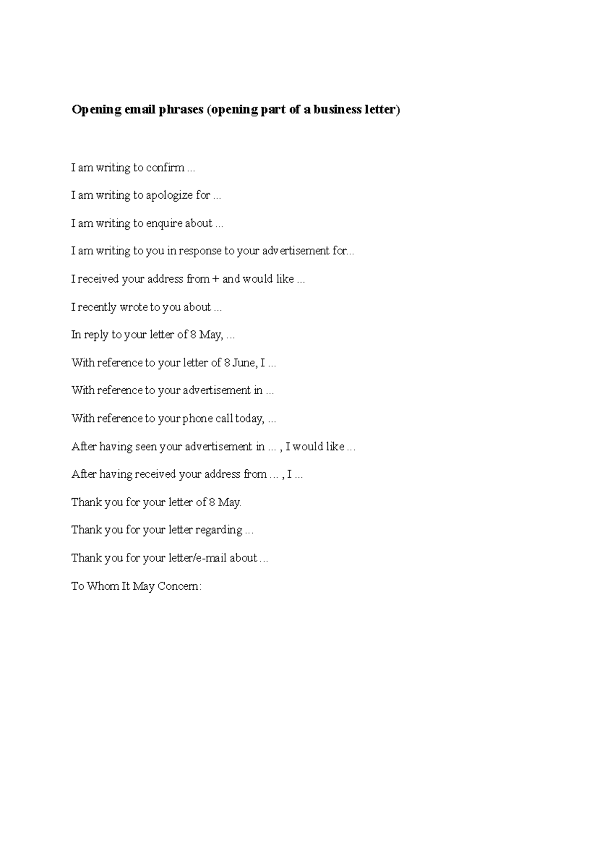 Opening and closing email phrases - Opening email phrases (opening part ...