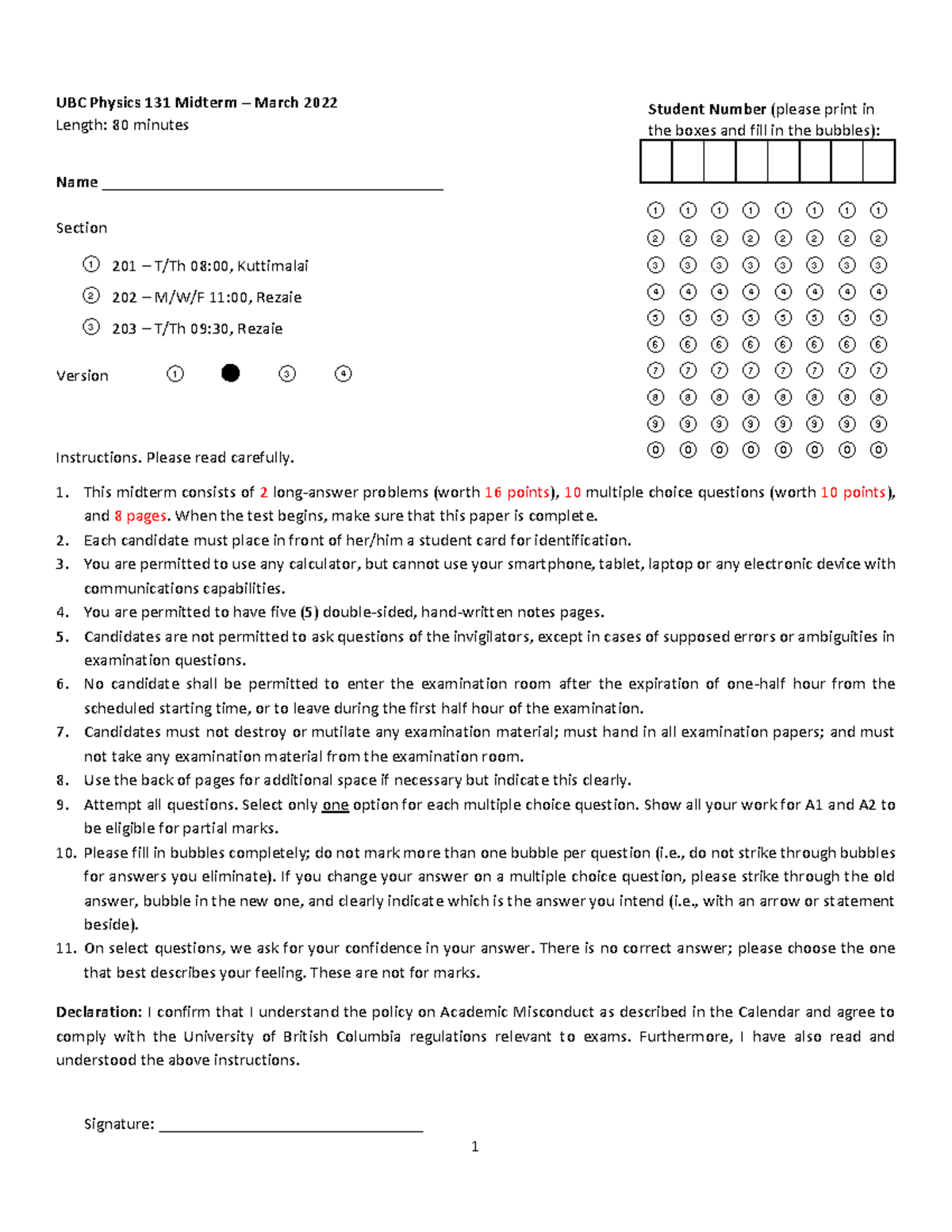 P131 - Midterm 2 - 2021W2 - Solutions - UBC Physics 131 Midterm March ...
