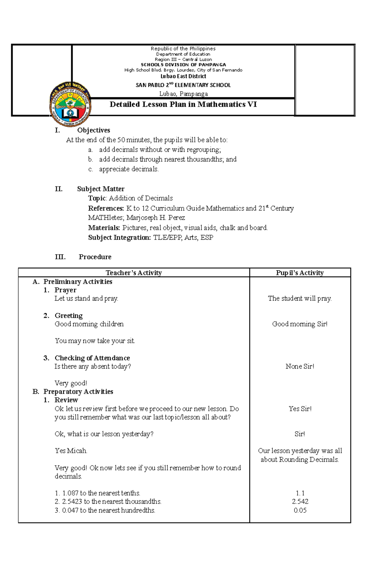 Detailed Lesson PLAN 1ST Quarter - Republic of the Philippines ...