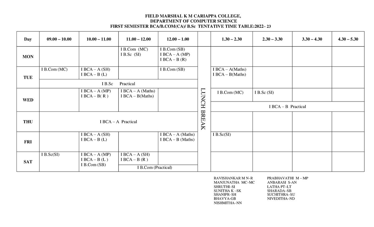 First year tentative time table 2022-23 - FIELD MARSHAL K M CARIAPPA ...