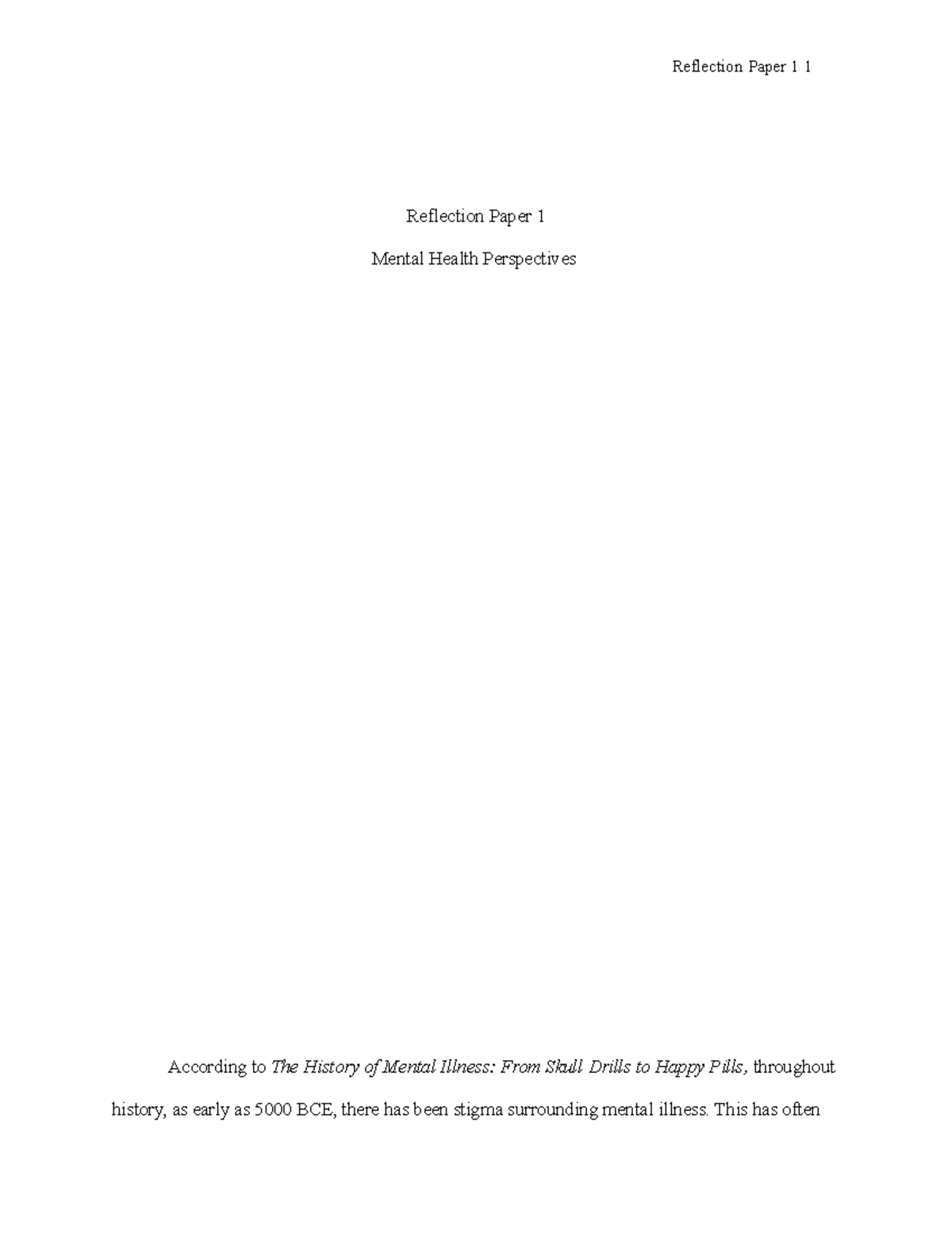 Reflection paper #1 - Stigma - Reflection Paper 1 1 Reflection Paper 1 ...