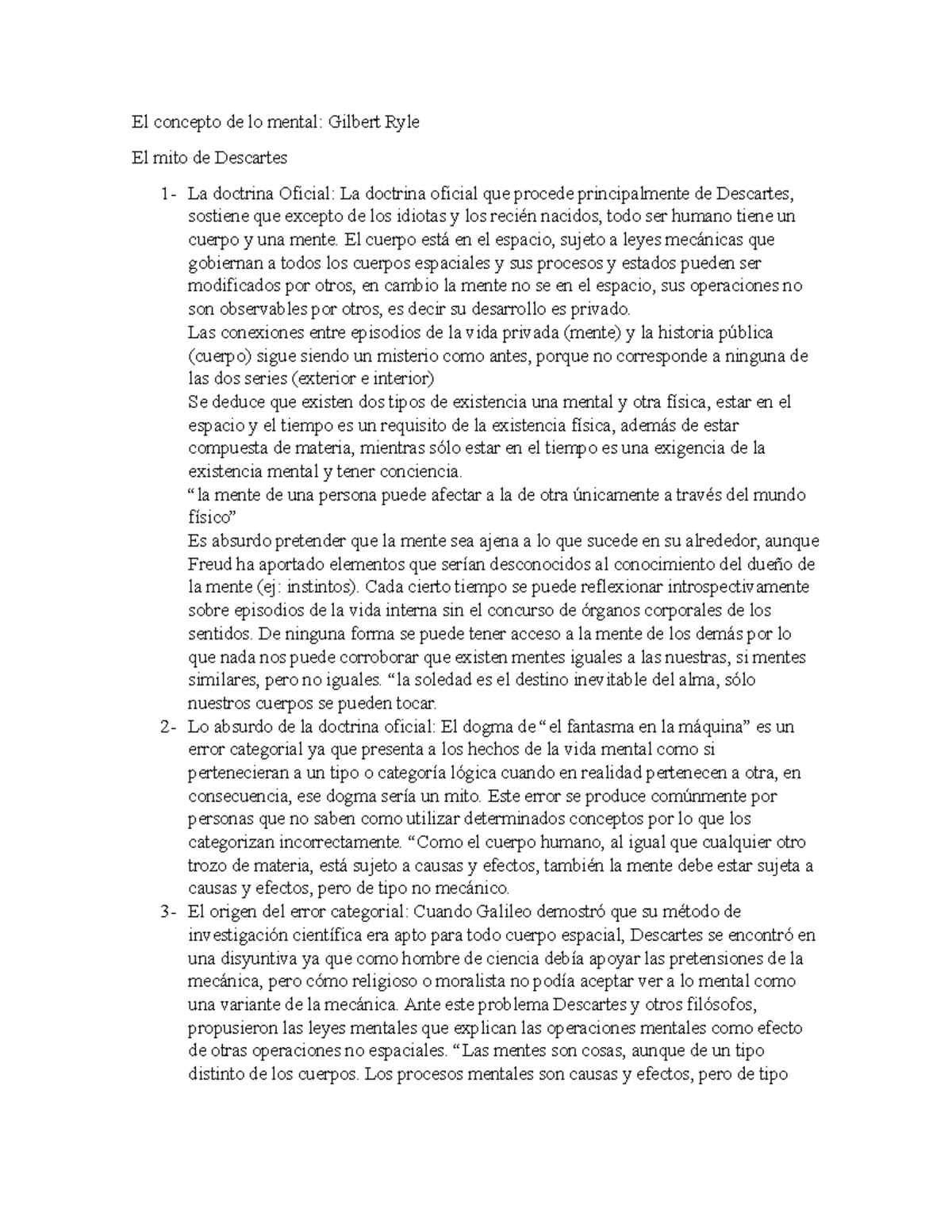 Resumen del mito de descartes- Ryle - El concepto de lo mental: Gilbert ...