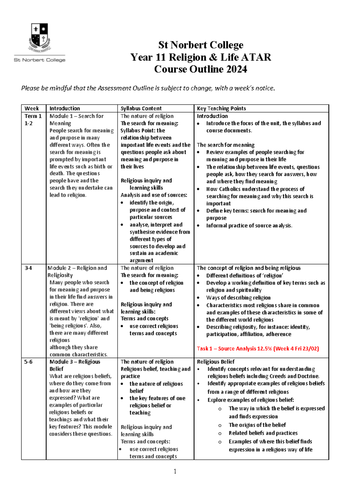 11REL ATAR Course Outline 2024 - St Norbert College Year 11 Religion ...