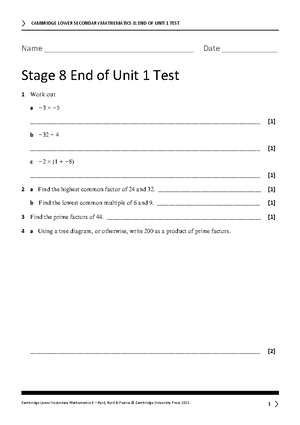 End of unit 1 test - from stage 8 cambridge lower secondary mathematics ...