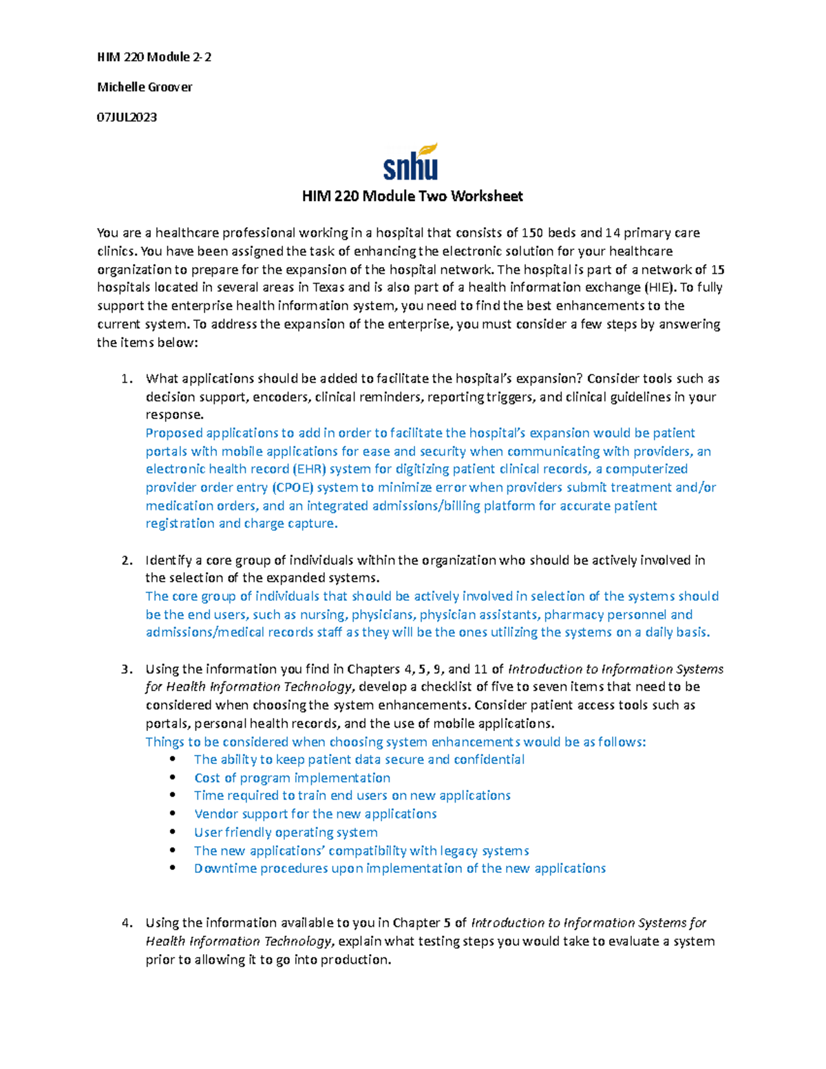 HIM 220 Module 2-2 Worksheet System Enhancements - HIM 220 Module 2 ...