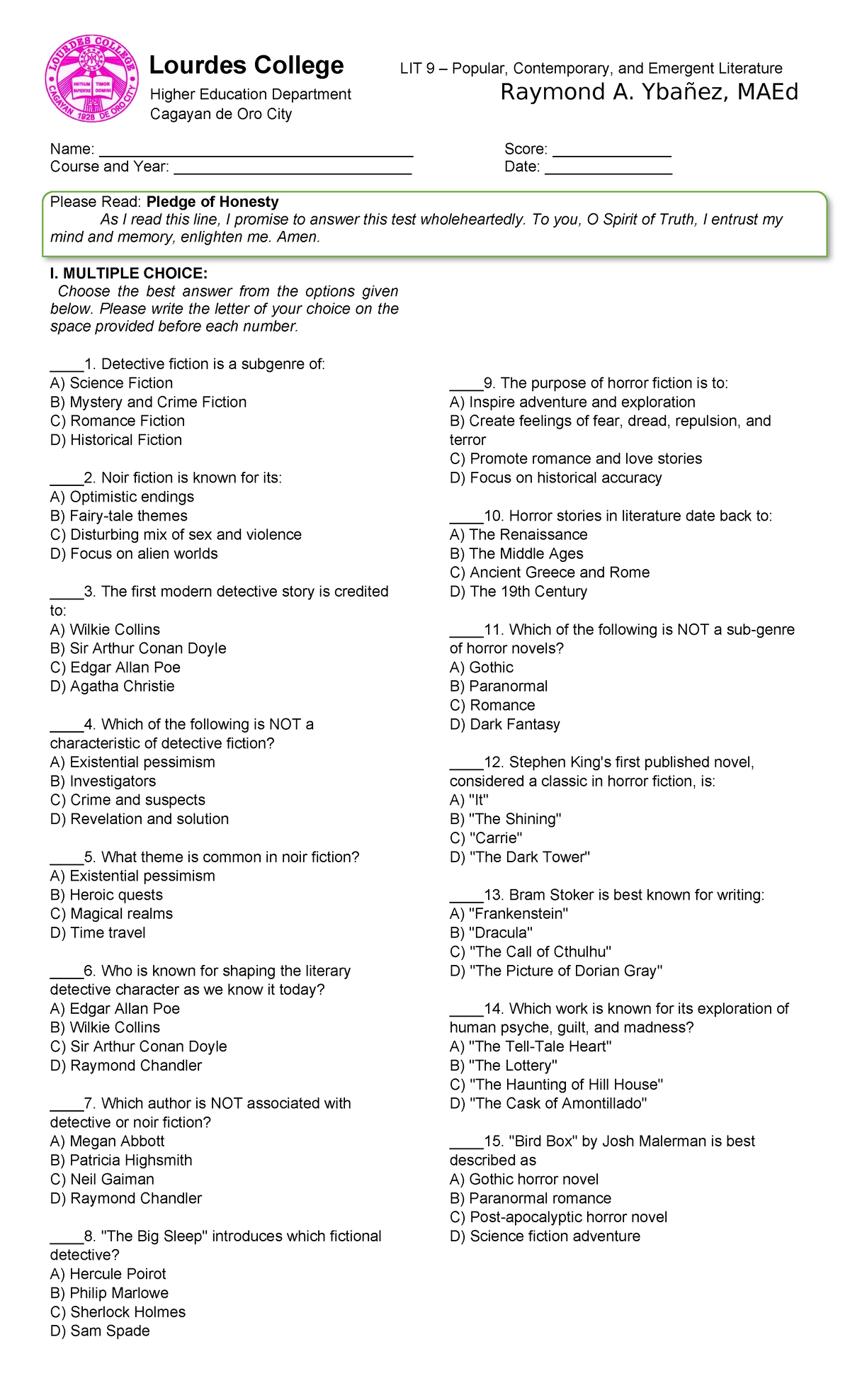 LIT 9 - Midterm Examination - Lourdes College LIT 9 – Popular ...