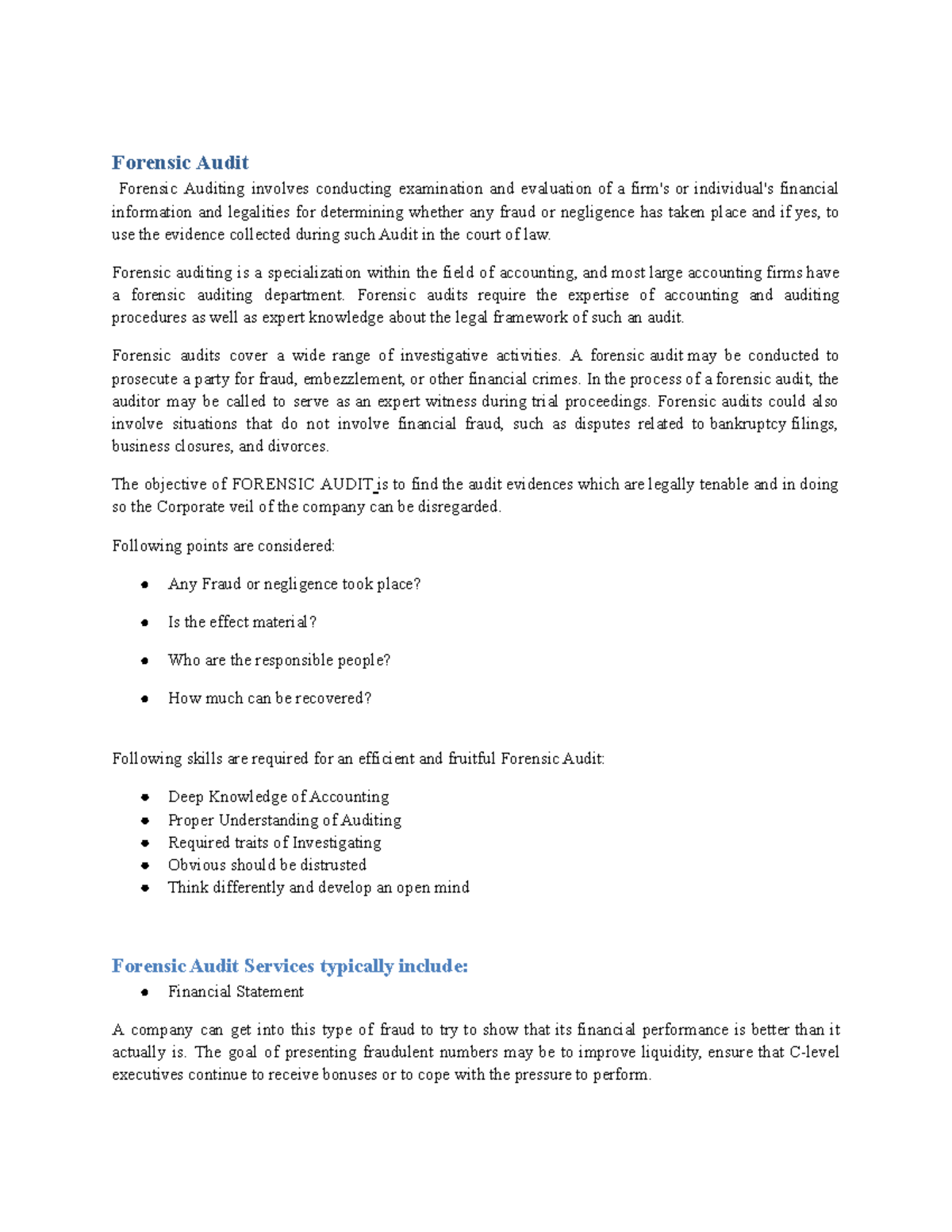 Forensic audit - Forensic Audit Forensic Auditing involves conducting ...