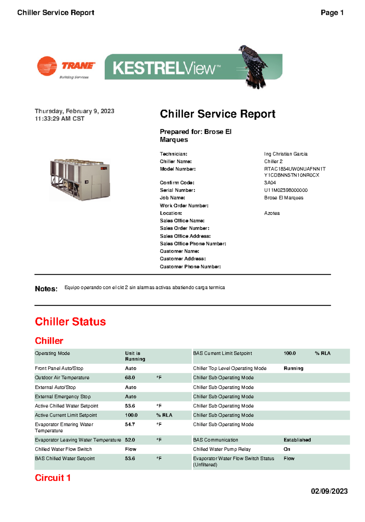 Chiller Service Report~[..]~[ - Thursday, February 9, 2023 11:33:29 AM ...