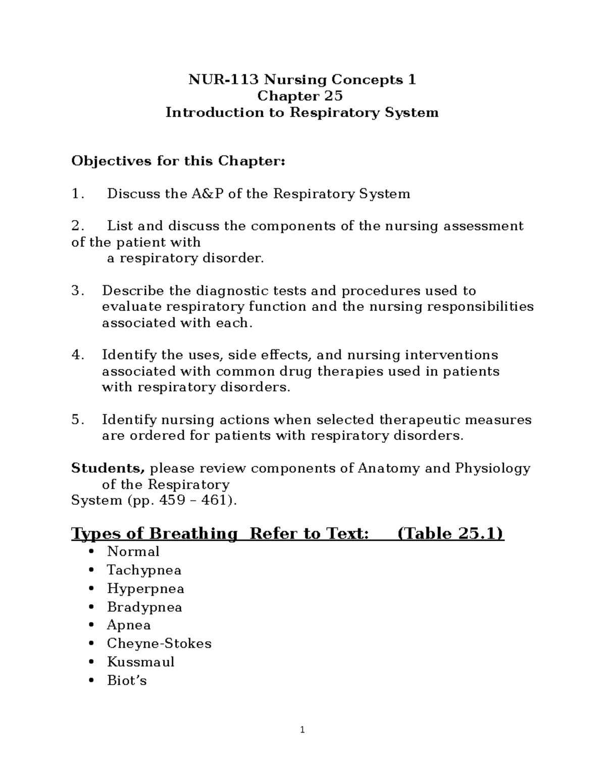 NUR 113 Respiratory System Assessment Chapter 25 Revised SP2023 - NUR-113 Nursing Concepts 1 ...