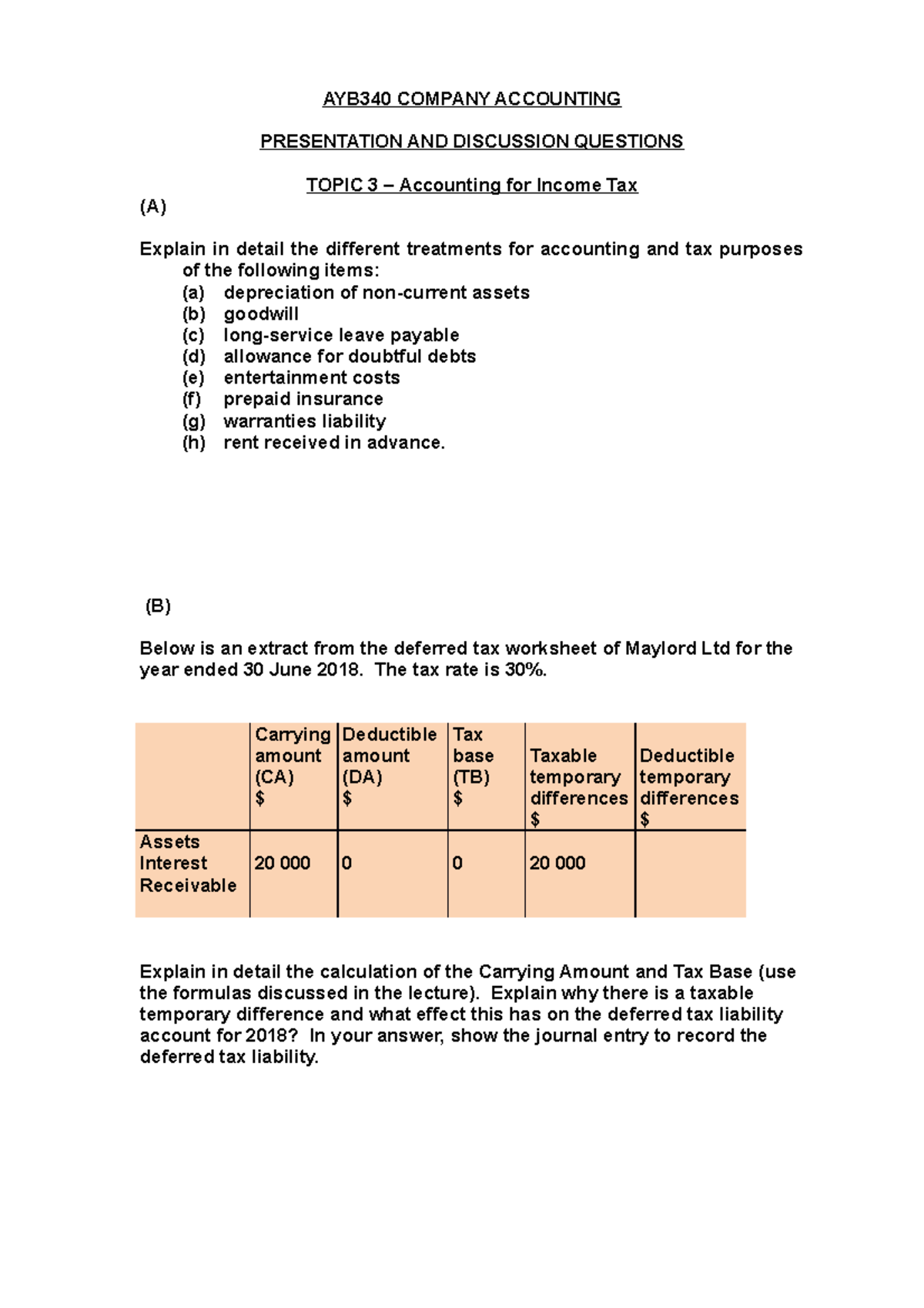 Presentation Questions - Topic 3d - AYB340 COMPANY ACCOUNTING ...
