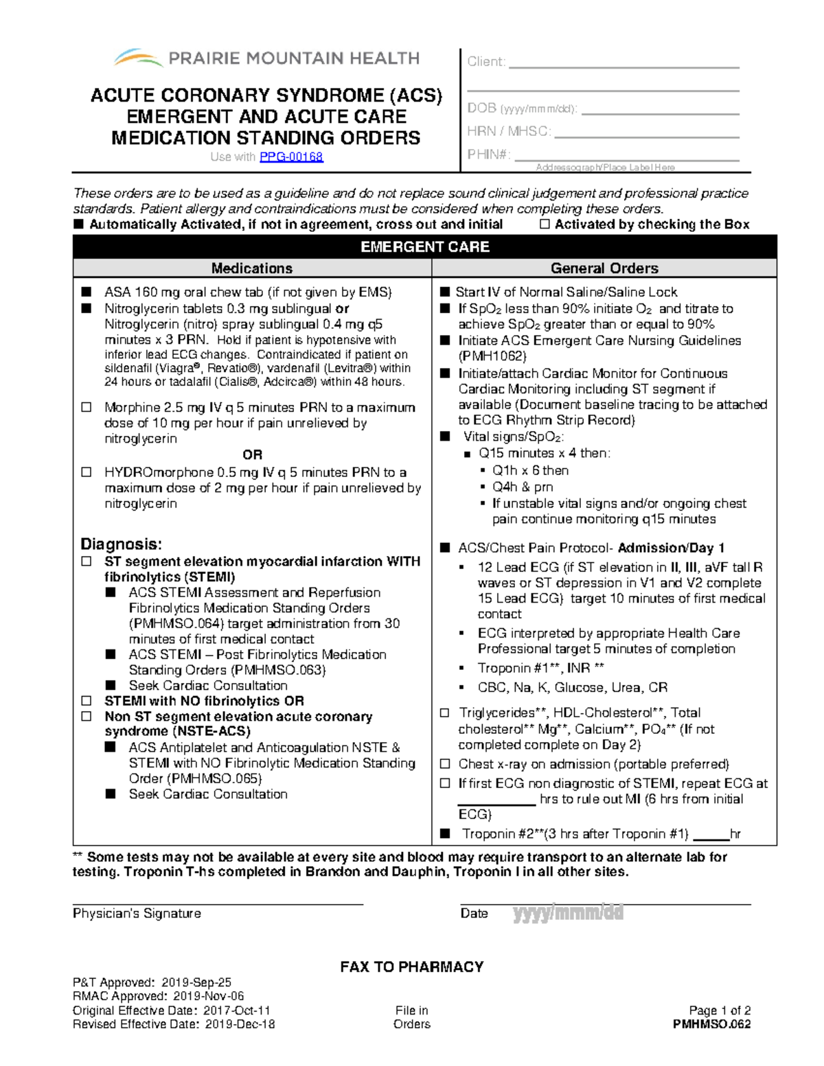 ACS Medication Standing Orders Pmhmso.062 2019 - ACUTE CORONARY ...