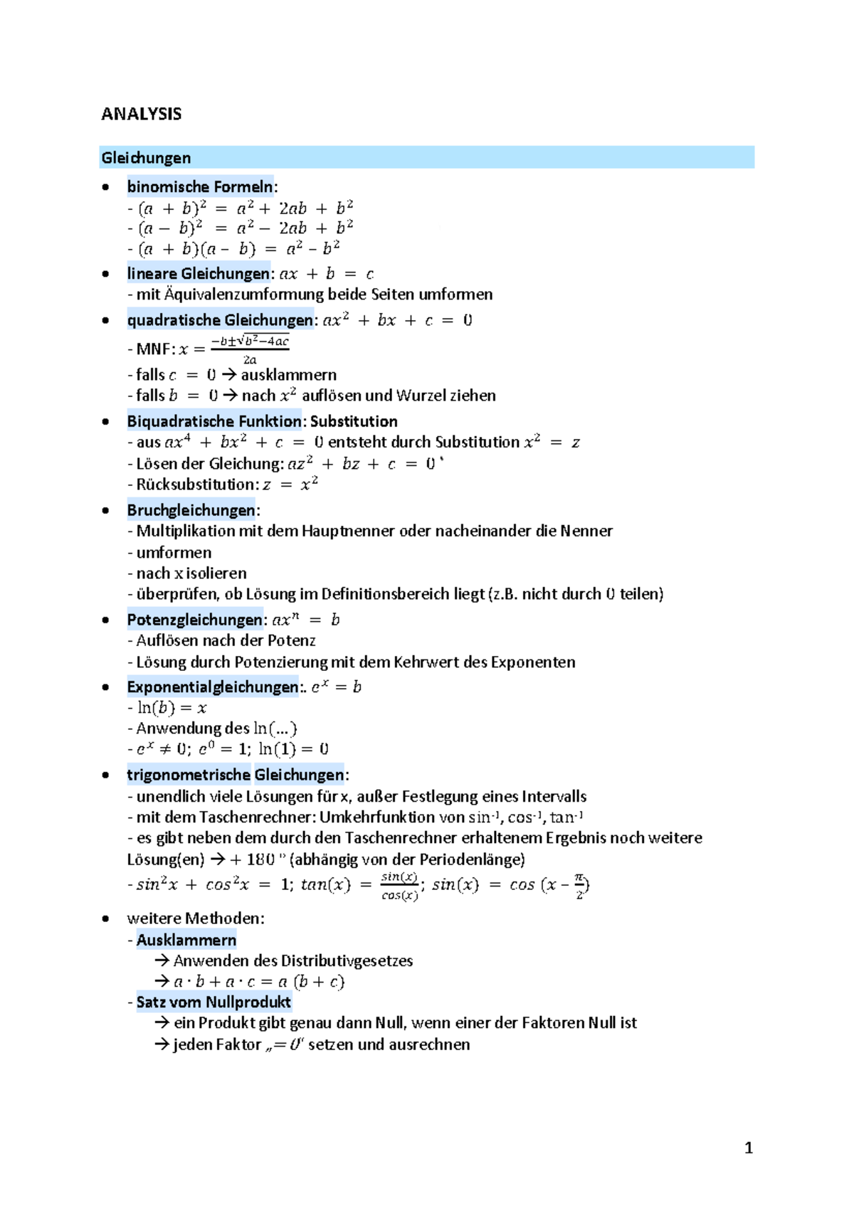 Mathe Abitur - ANALYSIS Gleichungen binomische Formeln: - (𝑎 + 𝑏) ! = 𝑎 ...