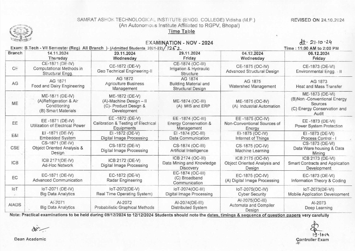 Exam Time Table - Sem 7 - SAMRAT ASHOK TECHNOLOGICAL INSTITUTE (ENGG. COLLEGE) Vidisha (M ...