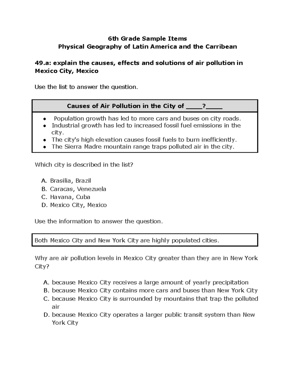 (2)49a - Work - 6th Grade Sample Items Physical Geography of Latin ...