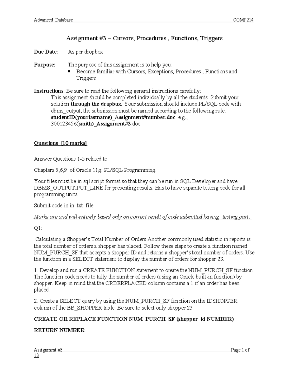 Adv Database Assignment 3 Assignment 3 Cursors Procedures Functions Triggers Due Date
