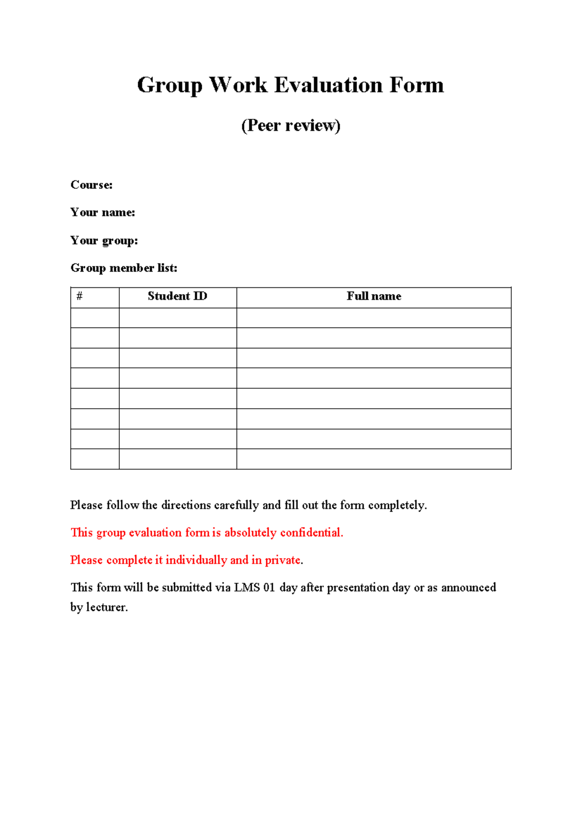 FA23-Group Evaluation Form - Bài tập FPT - Group Work Evaluation Form ...