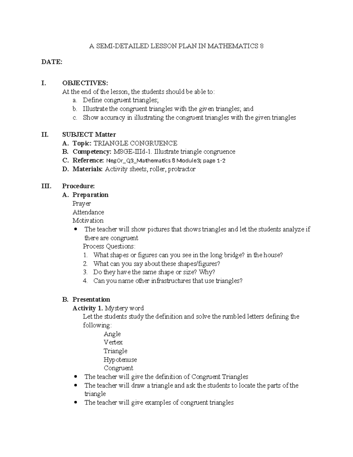 Angles of Elevation and Depression - A SEMI-DETAILED LESSON PLAN IN ...