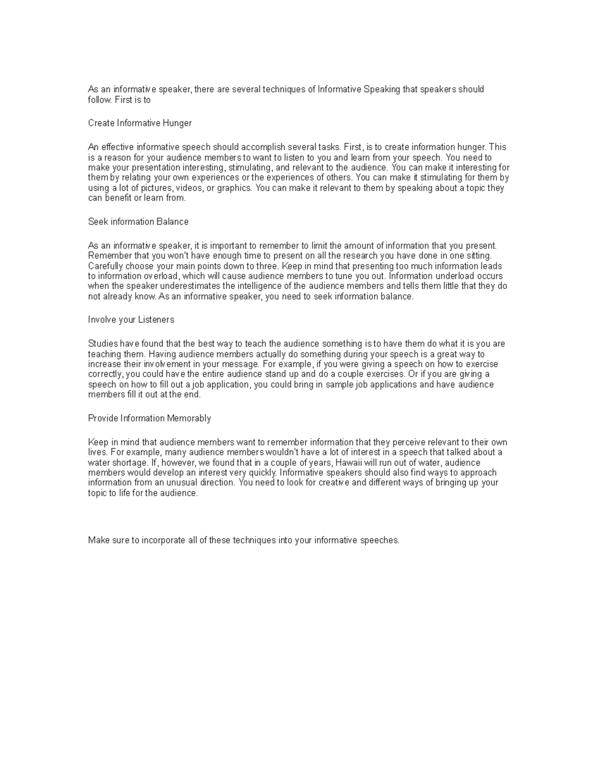 Week 10 Notes - As an informative speaker, there are several techniques ...