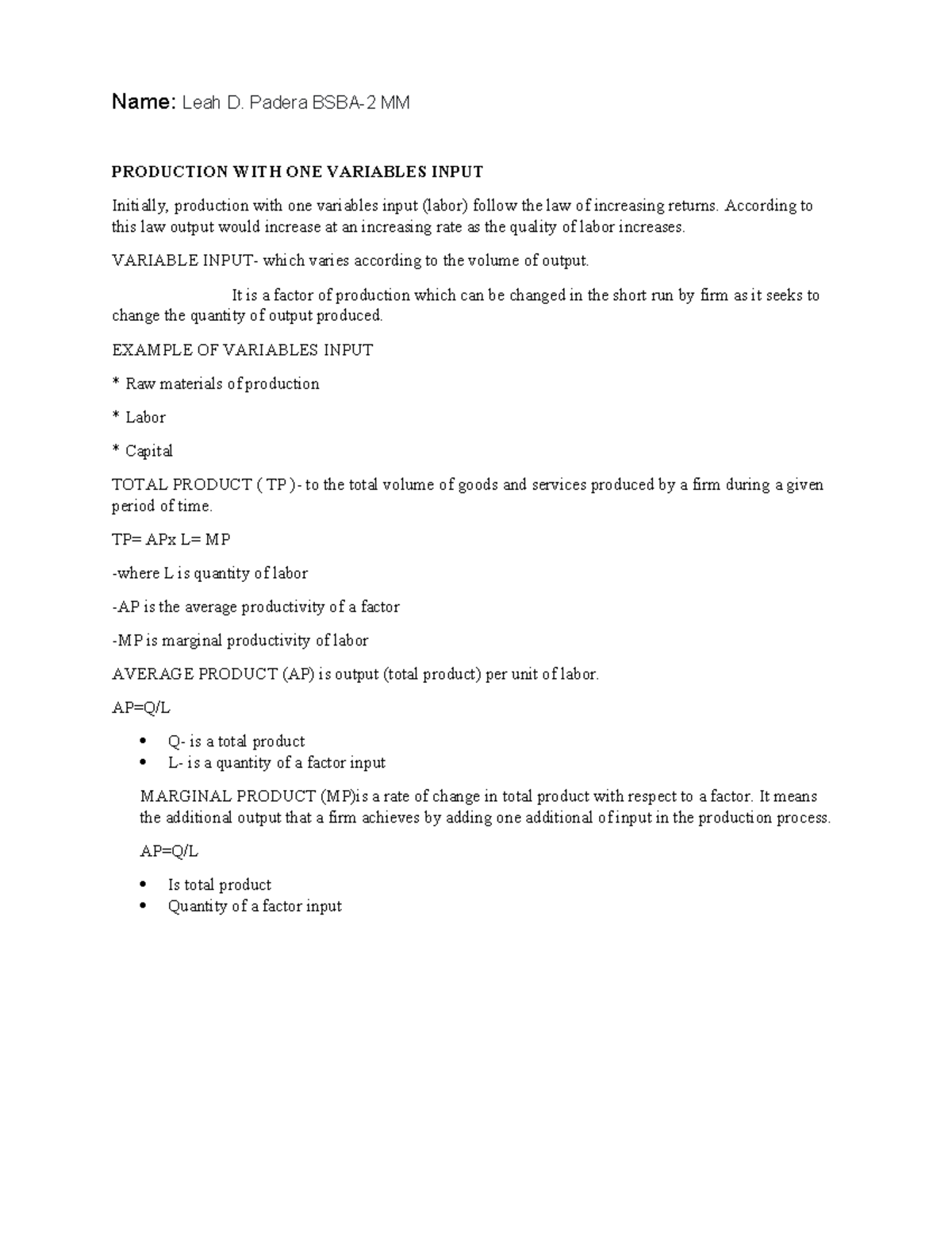 Production WITH ONE Variables Input - Name: Leah D. Padera BSBA-2 MM PRODUCTION WITH ONE ...