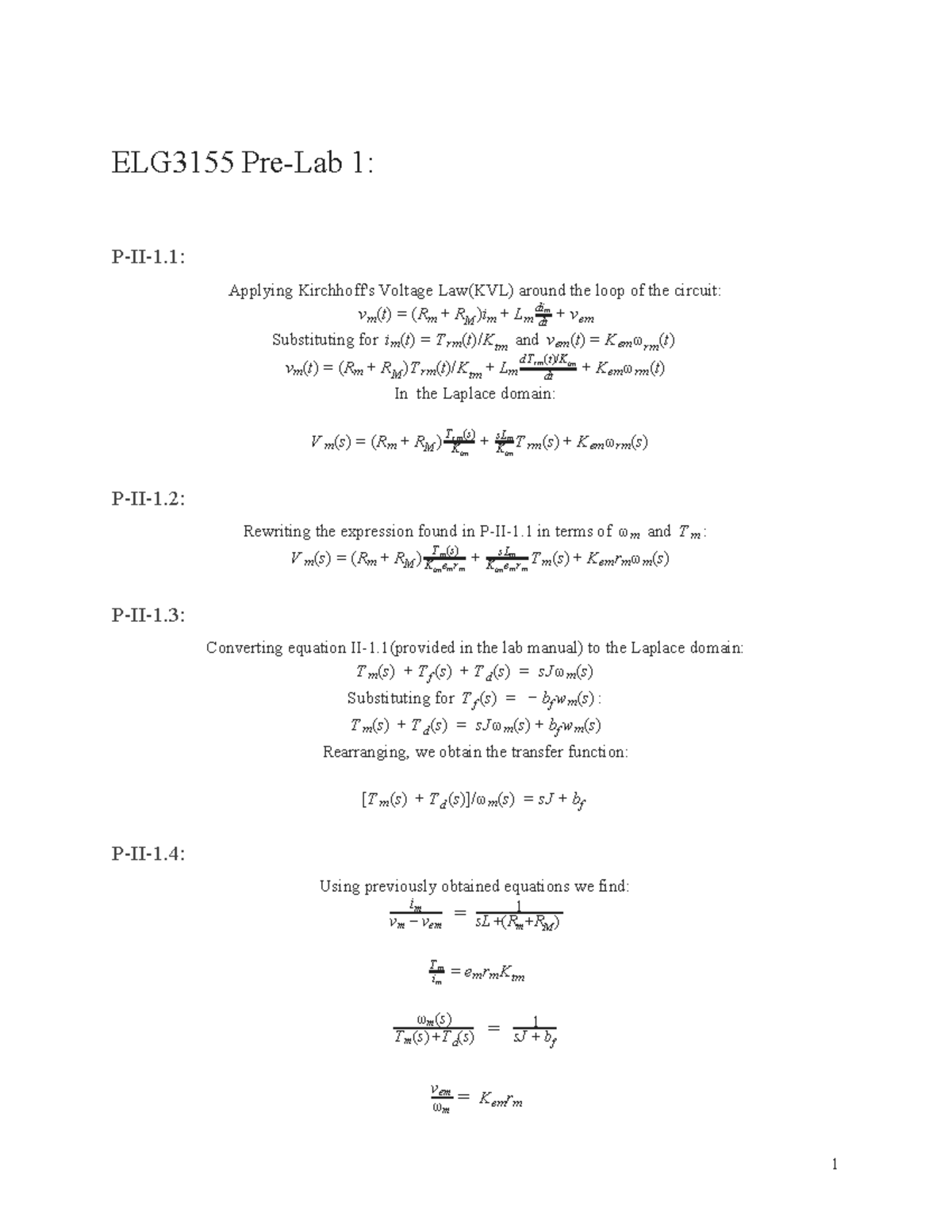 ELG3155 Lab 1 prelab 2 - ELG3155 Pre-Lab 1: P-II-1: Applying Kirchhoff ...