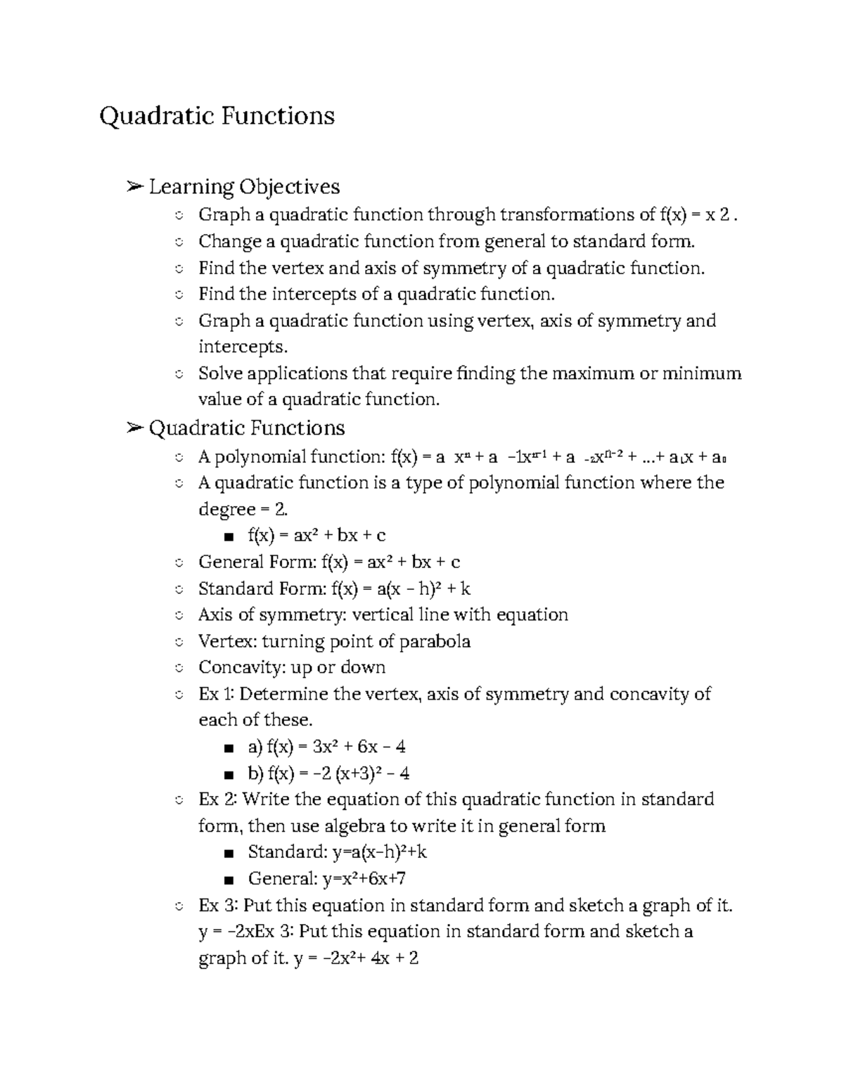 Math 1050 Lecture Notes Class 6 - Quadratic Functions Learning ...