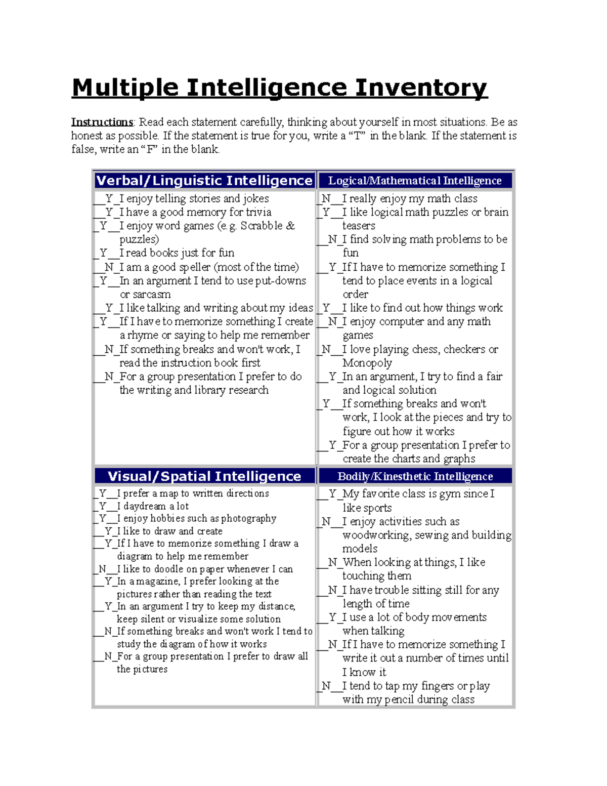 HLTH3130Learning Styles Chapter 8 - Multiple Intelligence Inventory ...