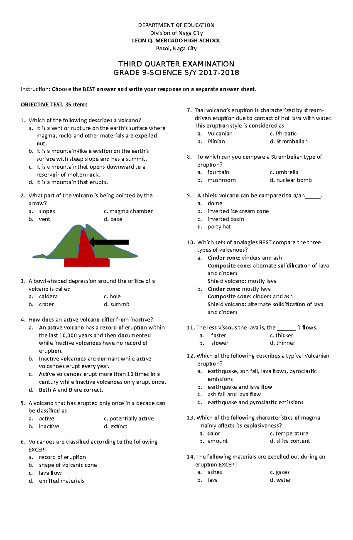 Science 9 EXAM 2017 2018 3RD - DEPARTMENT OF EDUCATION Division of Naga ...