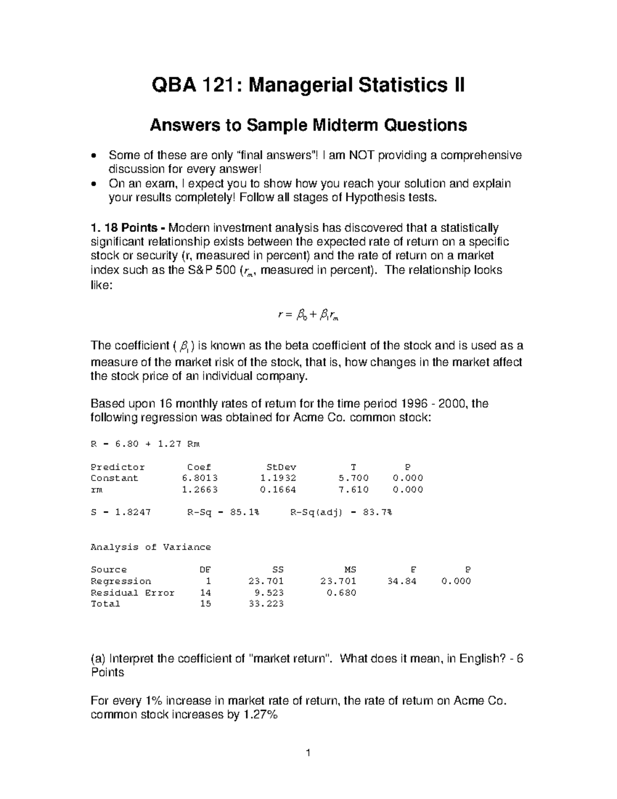 QBA121 Sample Midterm Answers - QBA 121: Managerial Statistics II ...