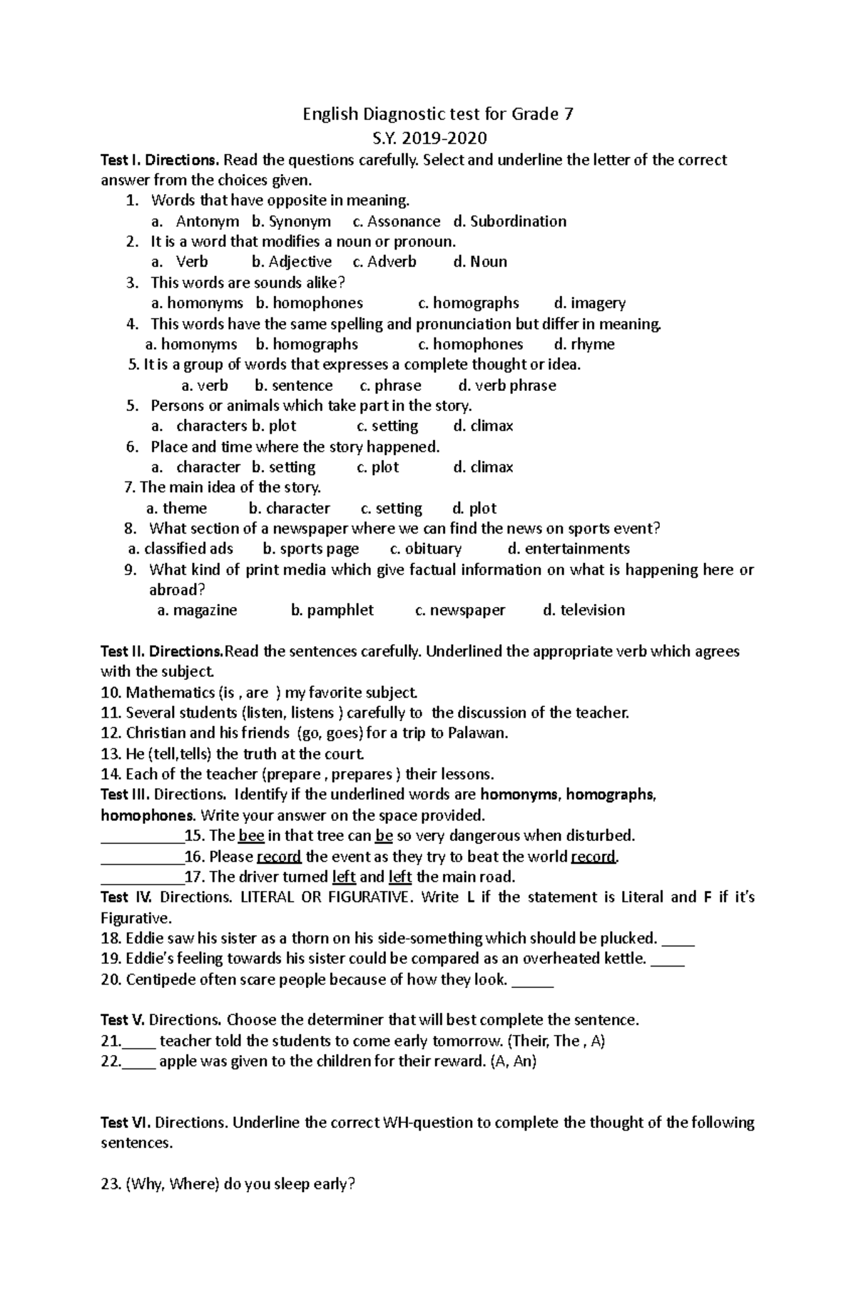421948257 English Diagnostic Test For Grade 7 English Diagnostic Test