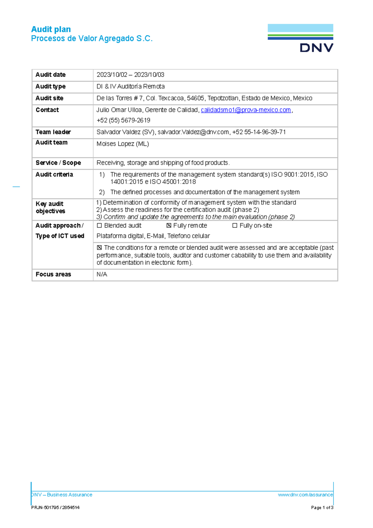 Audit plan Procesos de Valor - DNV - Audit plan Procesos de Valor ...