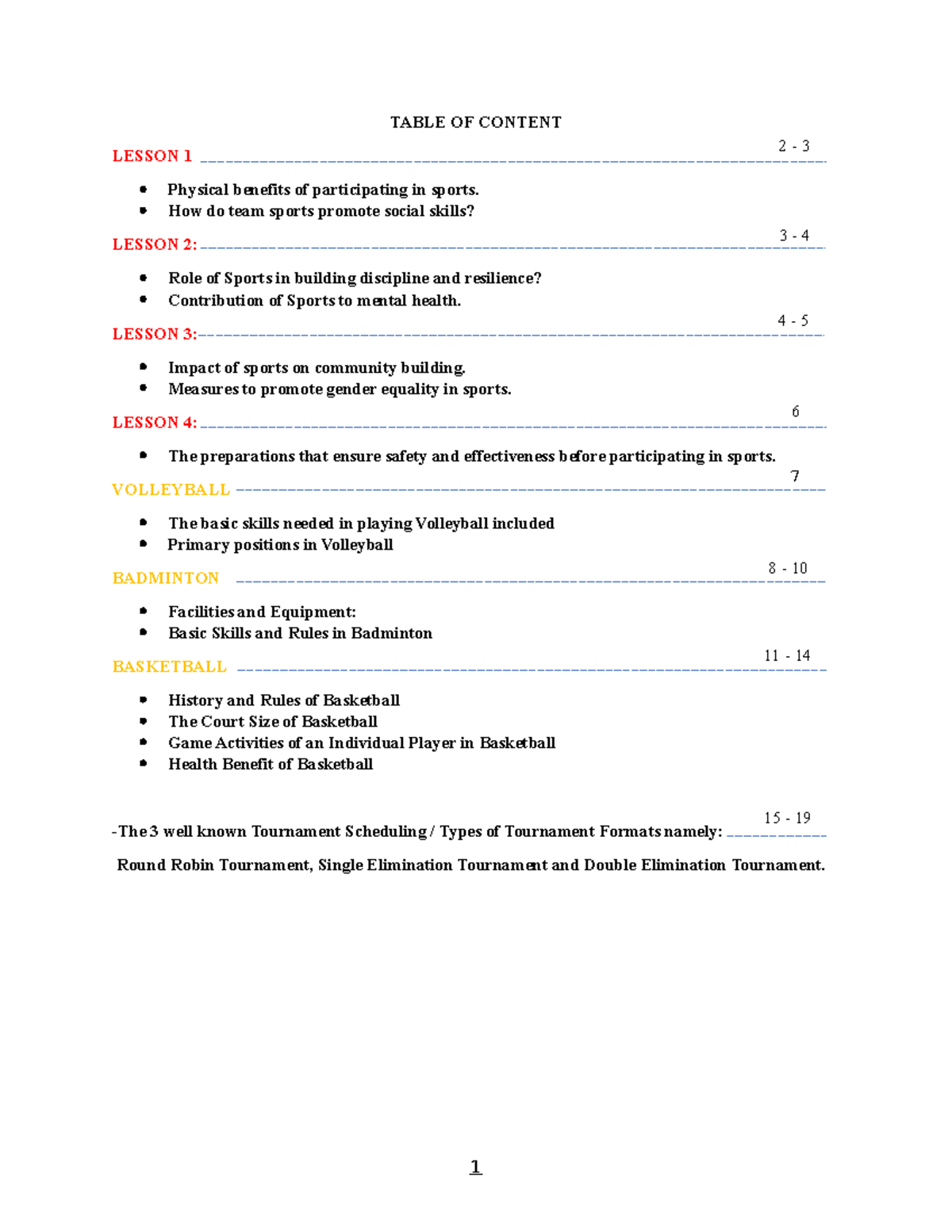 Sports, Martial ARTS and Group Exercises - TABLE OF CONTENT LESSON 1 ...
