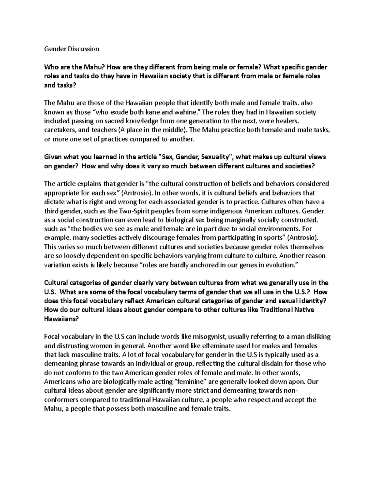 Discussion 6 - Gender Discussion - Gender Discussion Who are the Mahu ...