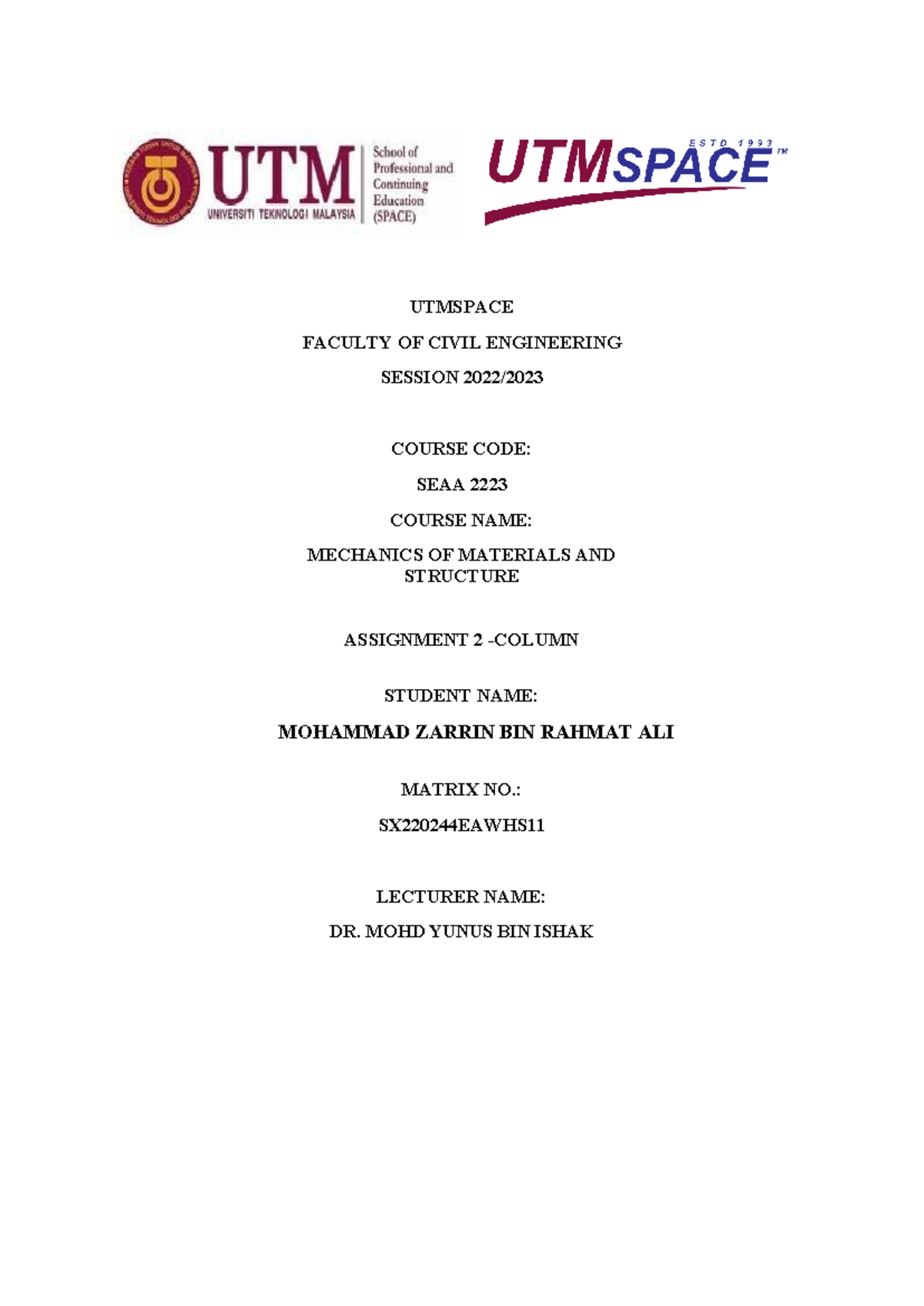 Assignment 2 column - Mekanik Bahan Dan Struktur - UTMSPACE FACULTY OF ...