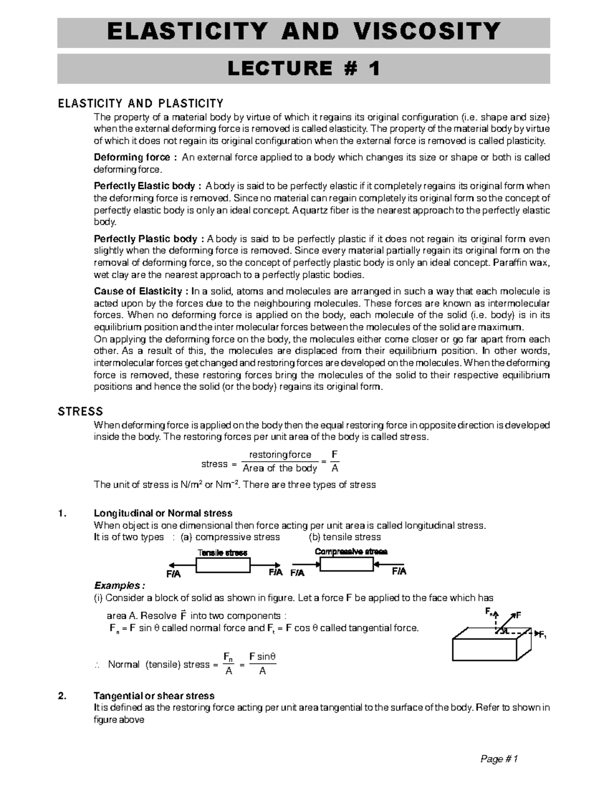 10 Elasticity and Viscosicity - ELASTICITY AND VISCOSITY LECTURE # 1 ELASTICITY AND PLASTICITY ...